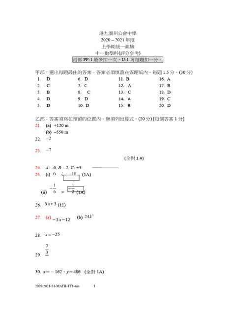 2020 2021 S1 Math Tt1 Answer Pdf