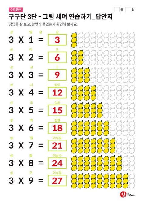 구구단 3단 그림 세며 연습하기 답안지 참잘했어요프린트 학습지 Homeschool Multiplication Math