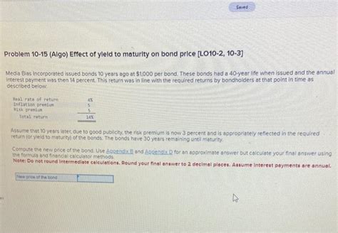 Solved Problem 10 15 Algo Effect Of Yleld To Maturity On Chegg Com