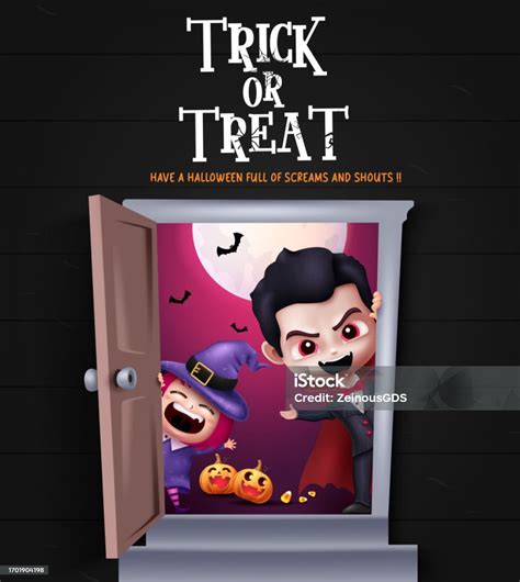 할로윈 트릭 또는 치료 텍스트 벡터 디자인 뱀파이어와 마녀 의상 캐릭터와 함께 트릭 오어 트릿 어린이 할로윈 파티 개념에 대한 스톡 벡터 아트 및 기타 이미지 Istock