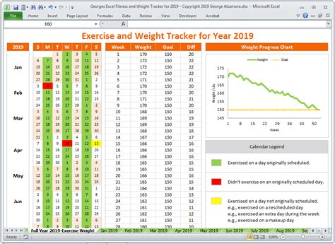 Excel Fitness Weight Tracker For Year 2019 Spreadsheet Printable
