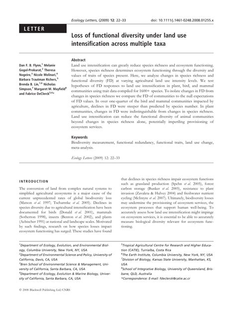 Pdf Loss Of Functional Diversity And Ecosystem Resilience Under Land Use Intensiﬁcation