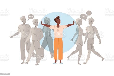 투명한 거품 안에 서있는 여자와 그녀를 위해 도달하는 사람들 갈등 사회적 고립 개인 공간 만화 벡터 일러스트의 피하기 개념에 대한 스톡 벡터 아트 및 기타 이미지 Istock