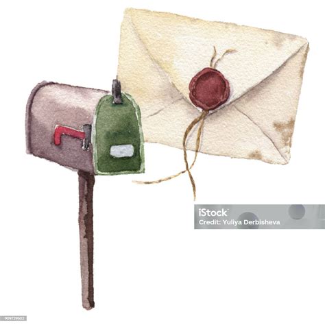 씰링 왁 스와 우편함 수채화 레트로 봉투입니다 빈티지 메일 아이콘 흰색 배경에 고립입니다 손으로 그린된 디자인 요소입니다 개체 그룹에 대한 스톡 벡터 아트 및 기타 이미지