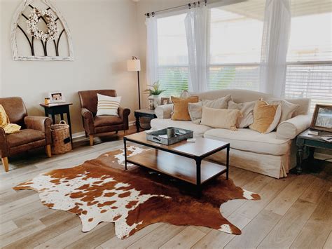 Modern Farmhouse With Mustard Accents Cowhide Rug Living Room