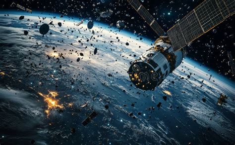 Illustration Of Space Debris Junk And Satellites Orbiting Planet