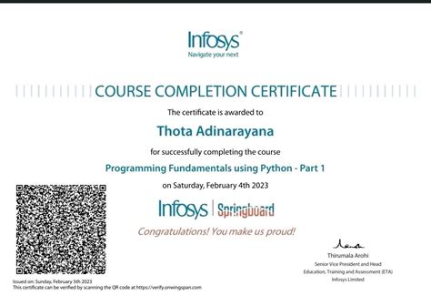 certificate infosysspringboard python thota adinarayana