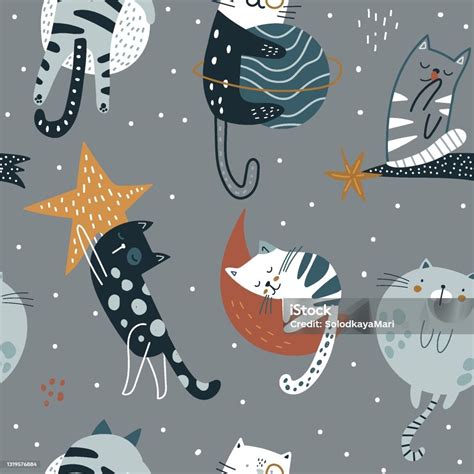 공간에서 재미있는 고양이와 원활한 유치한 패턴 창조적 인 아이들은 직물 포장 섬유 벽지 의류를 위해 손으로 그린 질감 벡터 일러스트레이션 애완고양이에 대한 스톡 벡터 아트