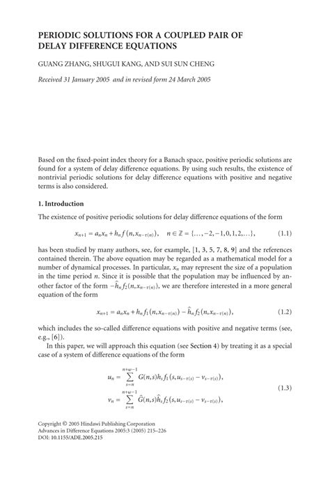 Pdf Periodic Solutions For A Coupled Pair Of Delay Difference Equations