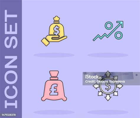 달러 공유 네트워크 돈 가방을 들고 손 파운드가있는 동전 및 백분율 위쪽 화살표 아이콘을 설정합니다 벡터 가방에 대한 스톡 벡터 아트 및 기타 이미지 Istock