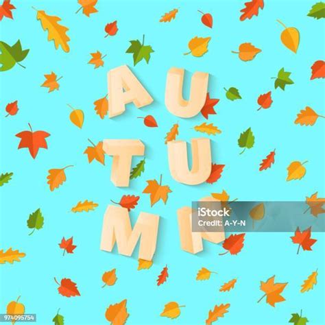 녹색 노란색 빨간색 단어가을 구성 종이 스타일 컷에 파란색 배경에 나뭇잎 가 잎 디자인 포스터 배너 전단지에 대 한 3 차원 현실 편지 T셔츠 인쇄 벡터 카드 일러스트 레이