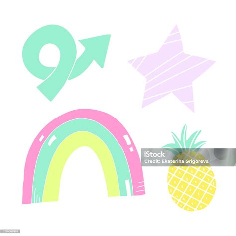 귀엽고 재미있는 아이 손으로 그린 세트 화살표 무지개 별과 파인애플 고립 된 배경에 손으로 그린 벡터 그림 0명에 대한 스톡 벡터 아트 및 기타 이미지 Istock