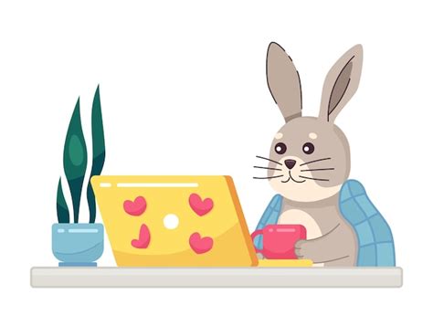 노트북을 바라보는 담요 덮힌 토끼 귀여운 냉기 Lo Fi 벽지 영화의 밤 집에 있는 토끼 2d 벡터 만화 캐릭터 일러스트 로피 애니메이션 배경 90년대 카와이 미적 꿈꾸는