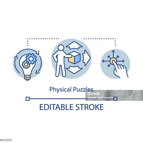 물리적 퍼즐 개념 아이콘입니다 대화 형 게임 아이디어 얇은 라인 그림 버튼을 누르고 물체를 만지고 움직입니다 문제 해결 벡터