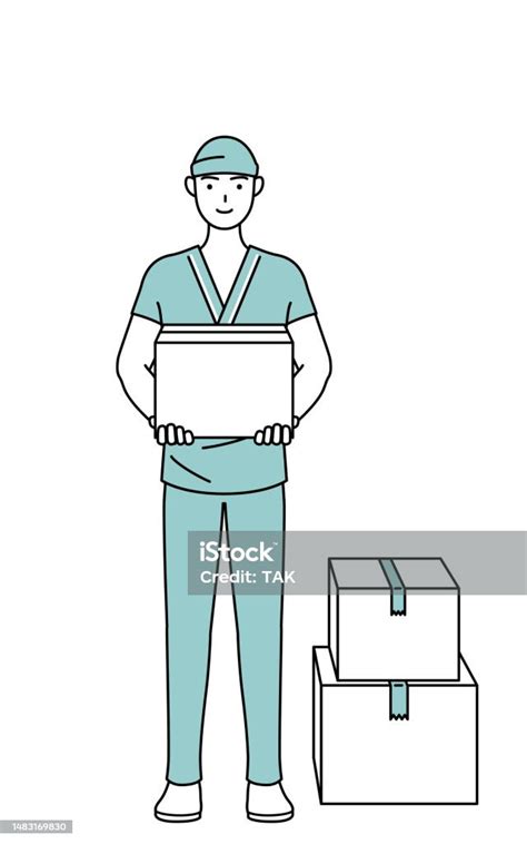 병원 가운을 입고 골판지 상자를 나르기 위해 일하는 남성 입원 환자 건강 진단에 대한 스톡 벡터 아트 및 기타 이미지 건강 진단 건강관리와 의술 검사 보기 Istock