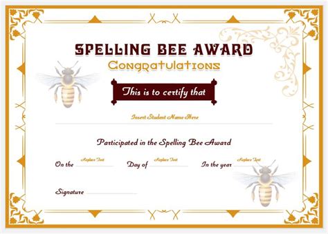 A Bee Award Certificate With An Orange Border And Gold Trimmings On The
