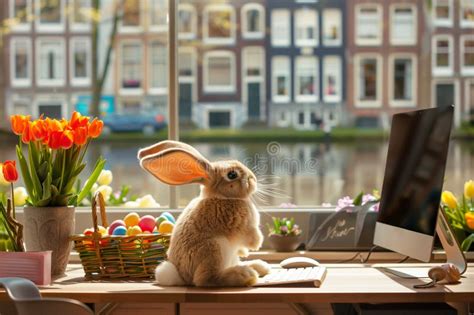 Rabbit Sitting On Desk In Front Of Computer Stock Image Image Of