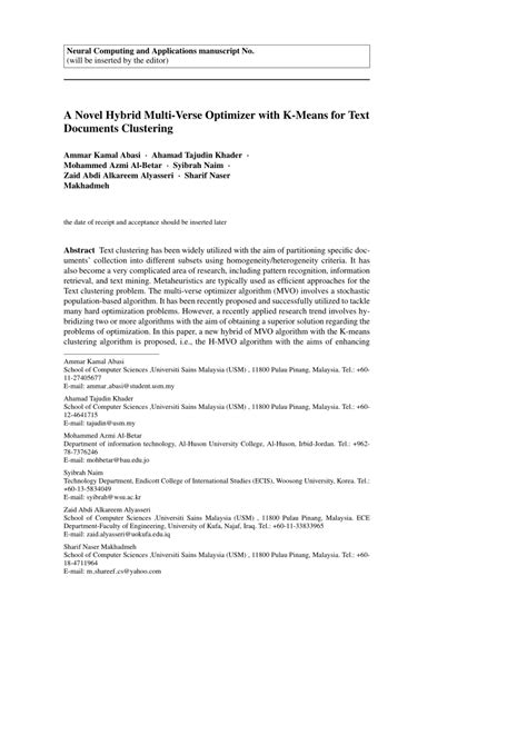 Pdf A Novel Hybrid Multi Verse Optimizer With K Means For Text