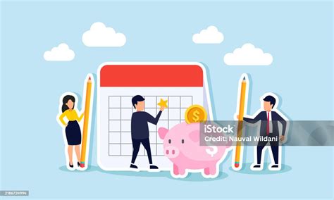 사업가들은 일정 달력과 돼지 저금통 옆에 서서 각각 연필과 별을 들고 투자 전략을 위한 일정을 설계하기 위해 모인 사업가들의 모습을 보여줍니다 개념에 대한 스톡 벡터 아트