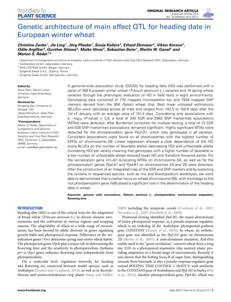 Pdf Genetic Architecture Of Main Effect Qtl For Heading Date In