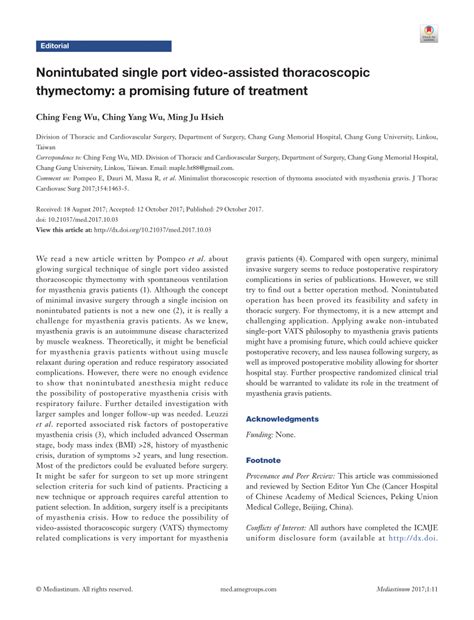 Pdf Nonintubated Single Port Video Assisted Thoracoscopic Thymectomy