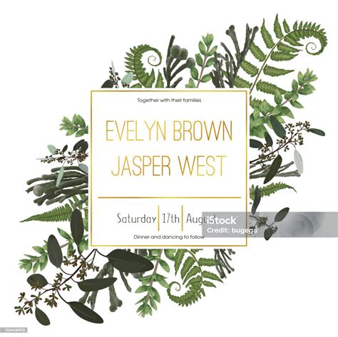 결혼식 꽃 초대 초대 카드 벡터 수채화 녹색 숲 잎 고 사리 Brunia 분기 회 양 목 Buxus 유 칼 리 나무 자연 식물 장식 프레임 골드 사각형 개체 그룹에 대한