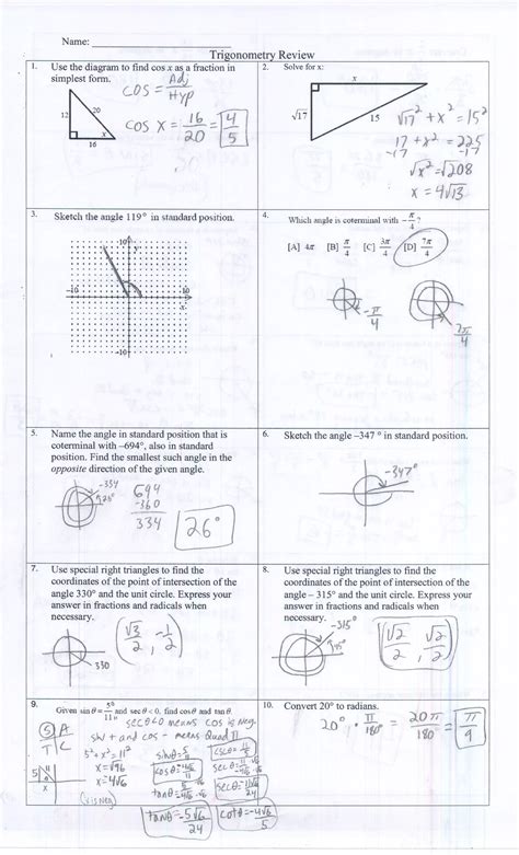 Trig Review Sheet Answers Pdf