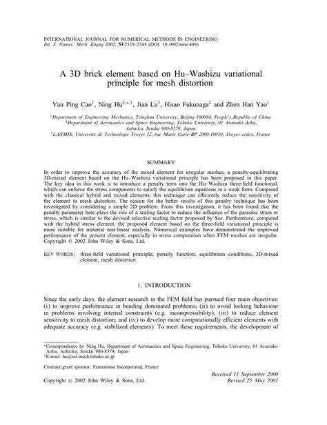 Pdf A 3d Brick Element Based On Hu Washizu Variational Principle For Mesh Distortion