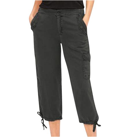 Mrat Womens Cropped Pants Solid Color Zipper Button Loose Wide Leg Straight Cotton Linen Casual