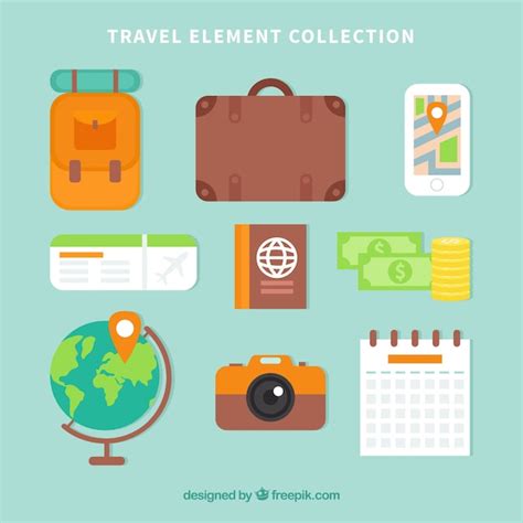 플랫 스타일의 여행 요소 컬렉션 무료 벡터