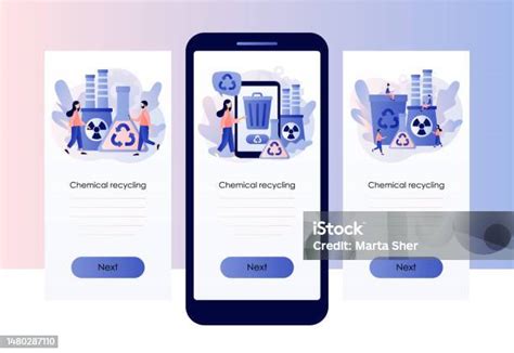 화학 재활용 유해 폐기물 관리 화학 쓰레기 처리 및 활용 플라스틱 재활용 방법 모바일 스마트폰 앱을 위한 화면 템플릿입니다 현대 평면 만화 스타일입니다 벡터 감소에 대한
