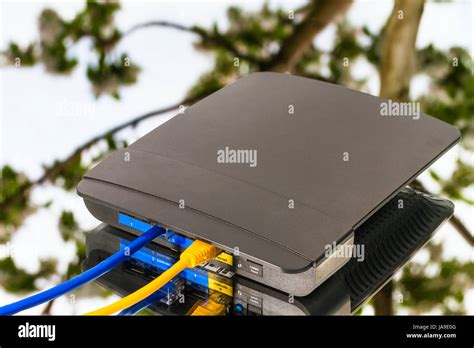Black Wireless Router Yellow And Blue Ethernet Cables On Mirror Background Stock Photo Alamy