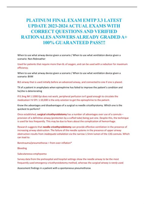 Platinum Final Exam Emtp 3 3 Latest Update Actual Exams With Correct Questions And Verified