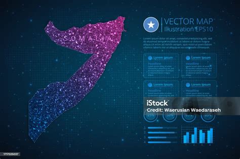 소말리아 지도 인포그래픽 템플릿은 다이어그램 그래프 프리젠테이션 및 차트에 파란색 배경에 추상적인 기하학적 메쉬 다각형 조명