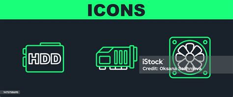 라인 컴퓨터 쿨러 하드 디스크 드라이브 Hdd 및 비디오 그래픽 카드 아이콘을 설정합니다 벡터 Cpu에 대한 스톡 벡터 아트 및 기타 이미지 Istock