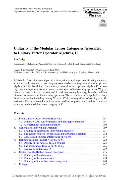 Unitarity Of The Modular Tensor Categories Associated To Unitary Vertex