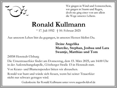 Traueranzeigen Von Ronald Kullmann Shz Trauer