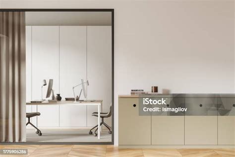 Pc 모니터와 장식이 있는 서랍이 있는 세련된 코워킹 인테리어 모형 벽 기업 비즈니스에 대한 스톡 사진 및 기타 이미지 기업 비즈니스 실내 0명 Istock