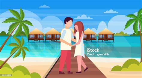 남자 여자 행복 열 대 해변 물 방갈로 집에 애 인 프리 여름 여행 휴가 신혼 여행 개념 부부 사랑 전체 길이에서 수용 가로 평면 관광 리조트에 대한 스톡 벡터 아트 및