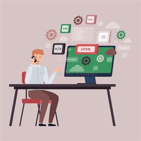 Programmer Doing Programming Languages Design And Program Code On Screen Talking On Phone Stock