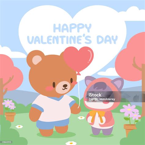 이 훈훈한 발렌타인 데이 일러스트레이션에는 하트 모양의 풍선을 들고 있는 귀여운 곰과 아늑한 분홍색 후드티를 입은 고양이가 등장합니다 테디 베어에 대한 스톡 벡터 아트 및