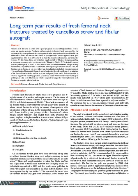 Pdf Long Term Results Of Fresh Femoral Neck Fractures Treated By Cancellous Screw And Fibular