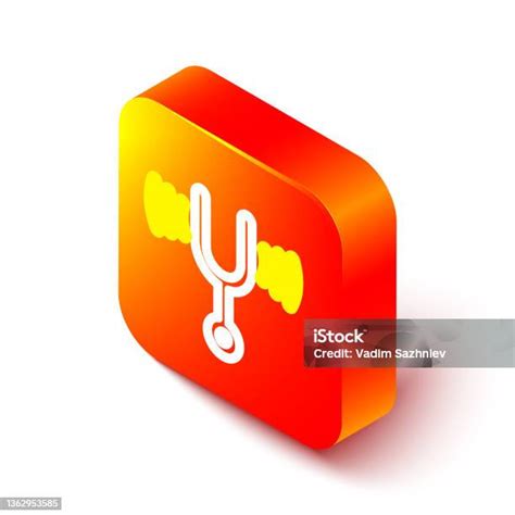 흰색 배경에 고립 된 악기 아이콘을 튜닝하기위한 등색 라인 뮤지컬 튜닝 포크 주황색 정사각형 버튼 벡터 3차원 형태에 대한 스톡 벡터 아트 및 기타 이미지 Istock