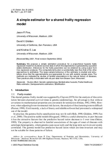 Pdf A Simple Estimator For A Shared Frailty Regression Model