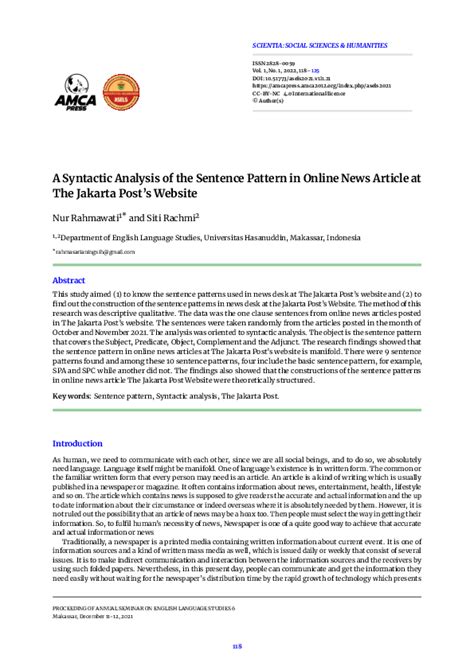 Pdf Syntactic Analysis Of The Sentence Pattern In Online News Article At The Jakarta Posts