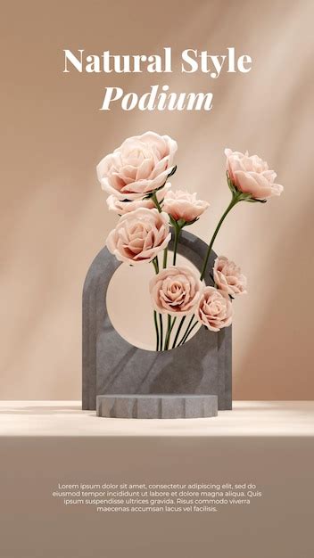 3d 렌더링 템플릿 콘크리트 질감 연단 모형이 분홍색 장미 꽃다발과 함께 세로로 그려져 있습니다 프리미엄 Psd 파일