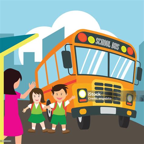 만화 캐릭터에 노란색 스쿨 버스를 타고 학교에 균일가와 아이 벡터 일러스트 레이 션 교복에 대한 스톡 벡터 아트 및 기타 이미지 교복 교육 교통수단 Istock