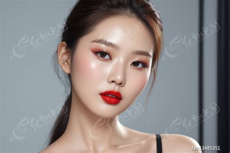 亚洲女人红色口红和黑色胸罩上衣高清图片下载 红动中国