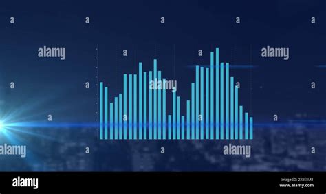 Image Of Statistical Data Processing And Blue Light Spot Against Aerial View Of Cityscape Stock