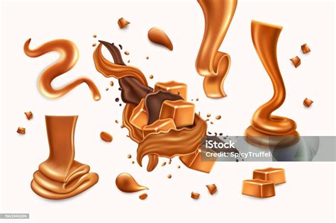 현실적인 캐러멜 땅콩 버터 스플래시 토피 사탕 초콜릿 크림의 소용돌이 3d 갈색 사탕 얼룩 및 웅덩이 격리 요소 제과 녹는 액체 벡터 그림 3차원 형태에 대한 스톡 벡터